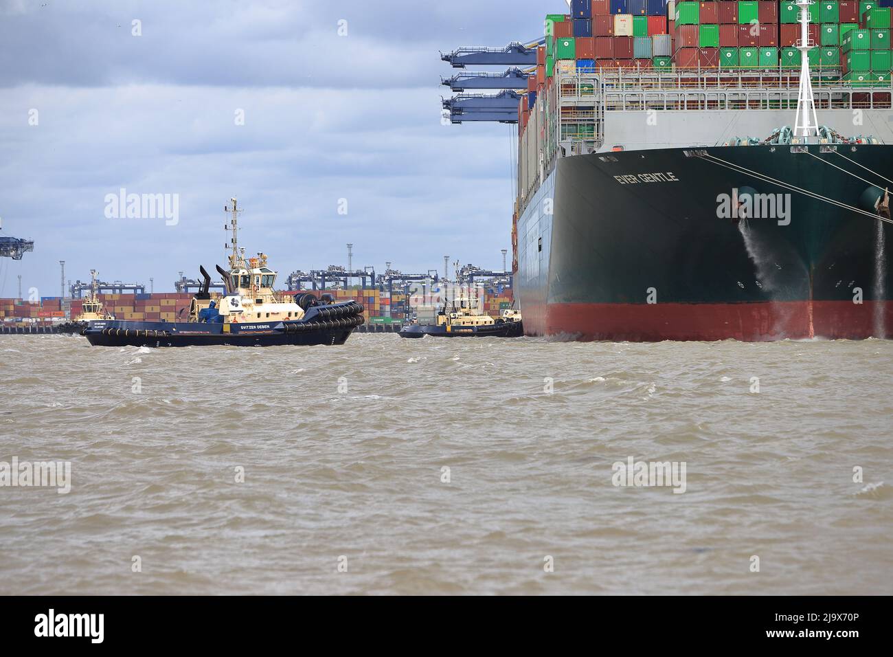 Container ship Ever Gentle preparing to leave the Port of Felixstowe ...