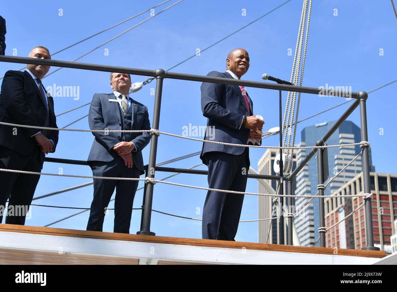 Mayor Eric Adams rings the Lightship Ambrose Bell, a symbol of ...