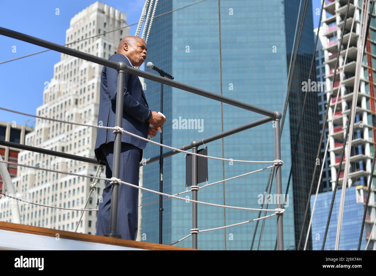 Mayor Eric Adams rings the Lightship Ambrose Bell, a symbol of ...