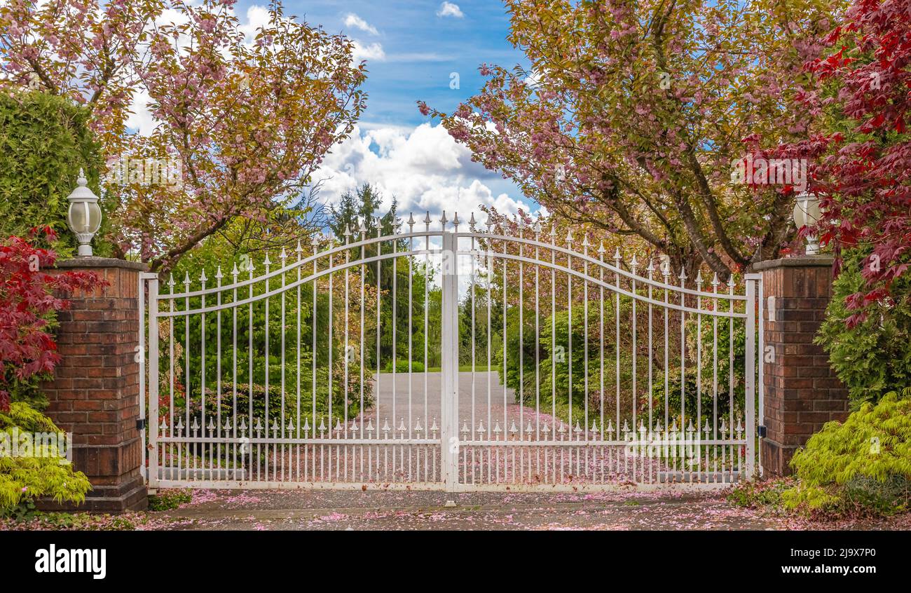 Iron front gate of a luxury home. Wrought iron white gate and brick ...