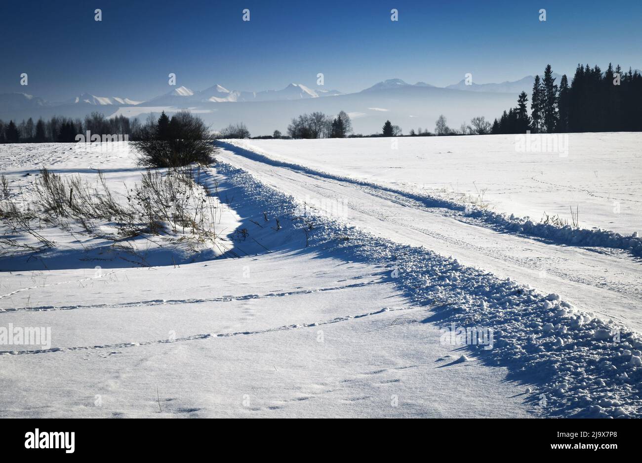 seasonal background road through winter landscape Stock Photo - Alamy
