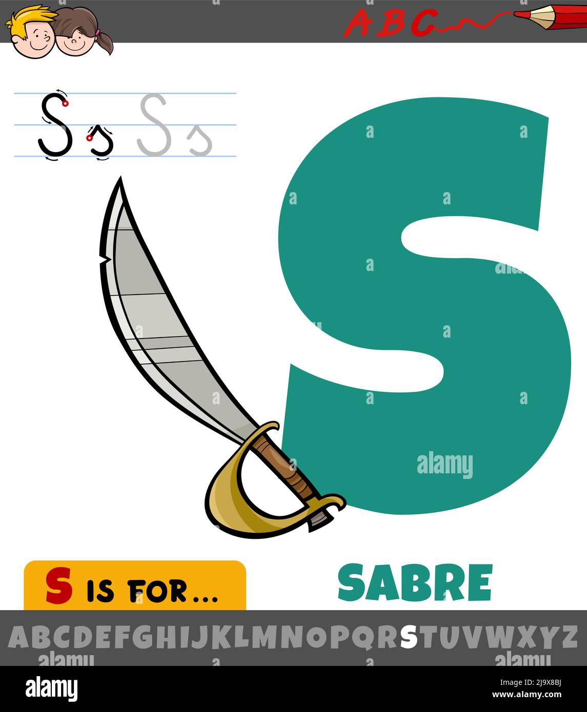 Educational cartoon illustration of letter S from alphabet with sabre ...