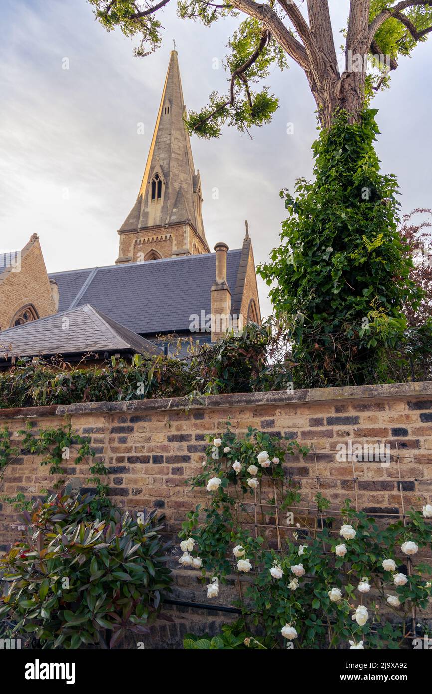 Christ Church Kensington seen at dusk from Kynance Mews in South ...