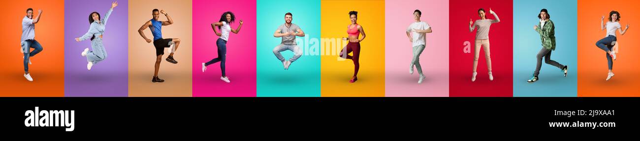 Happy millennial men and women gesturing on colorful backgrounds ...