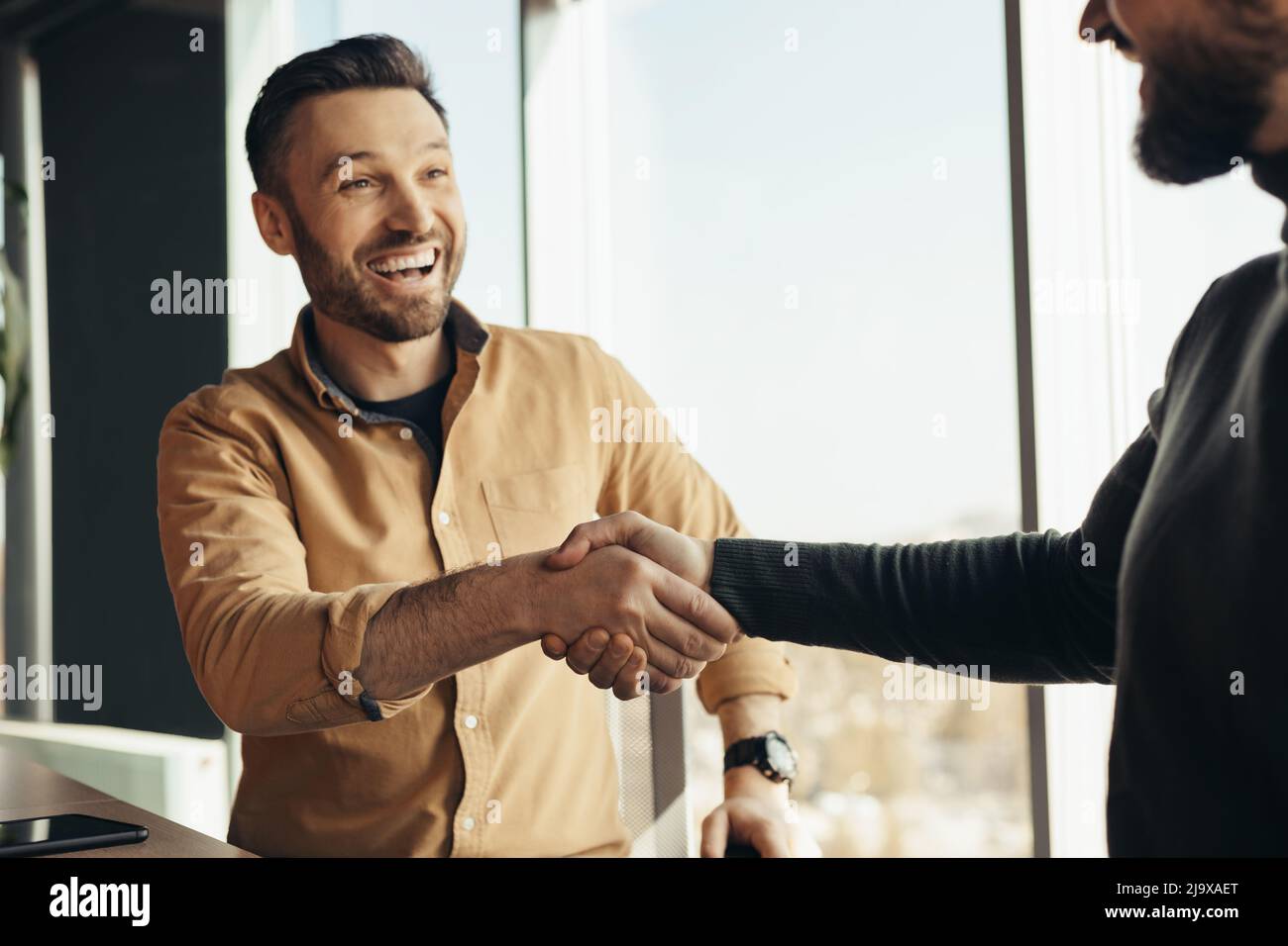 Business partnership. Two happy businessmen handshaking after ...
