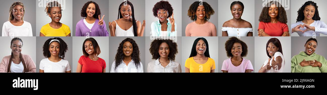 Happy Positive Black Females Posing Over Grey Coloured Backgrounds ...