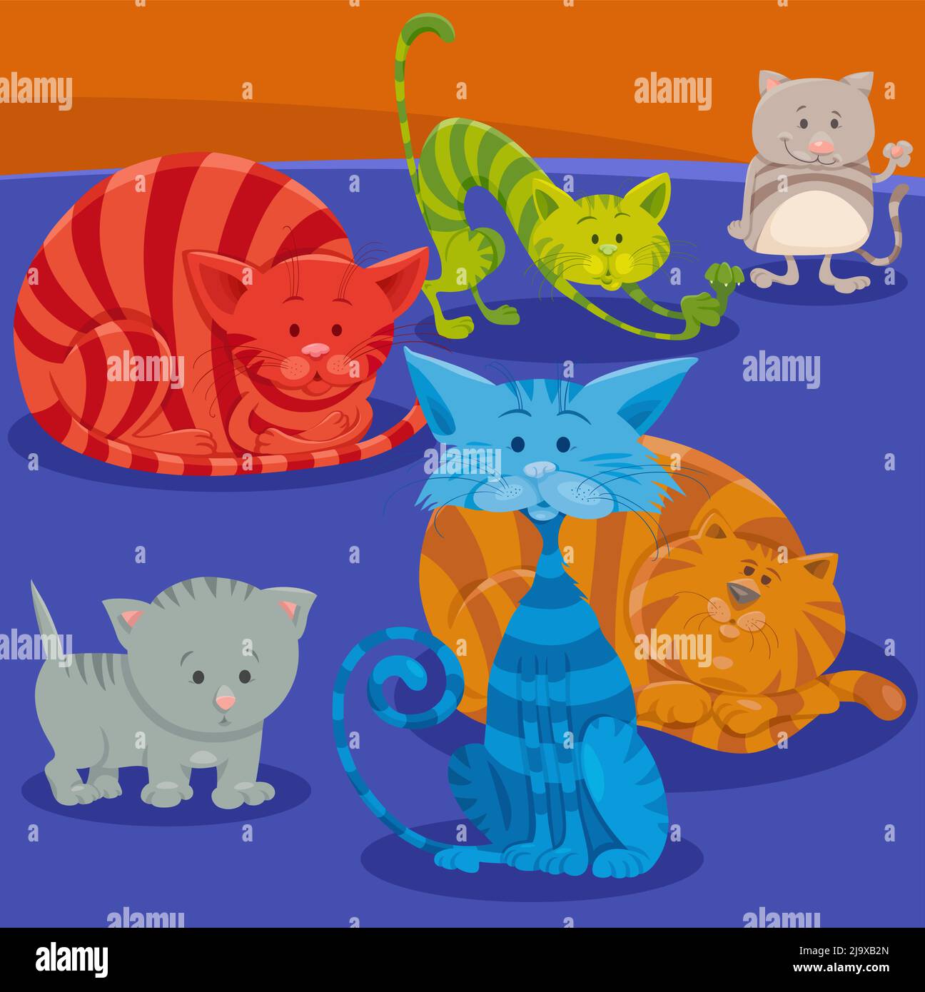 Cartoon illustration of funny colorful cats and kittens domestic pet ...