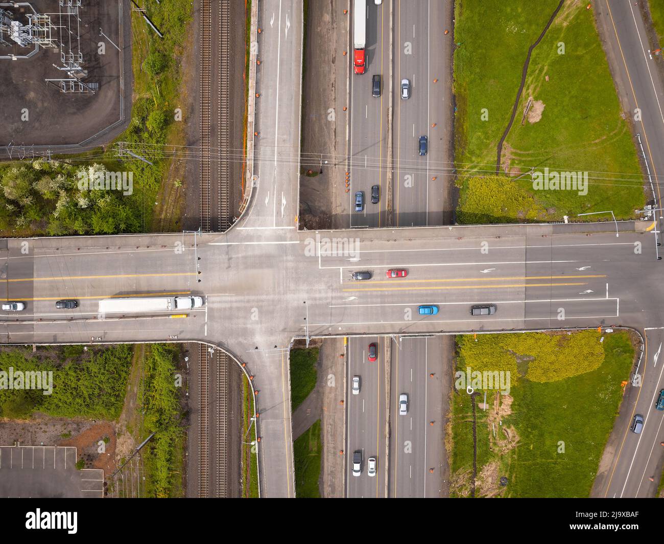 Shooting from the air. Large highway, road junction in the suburbs. A ...
