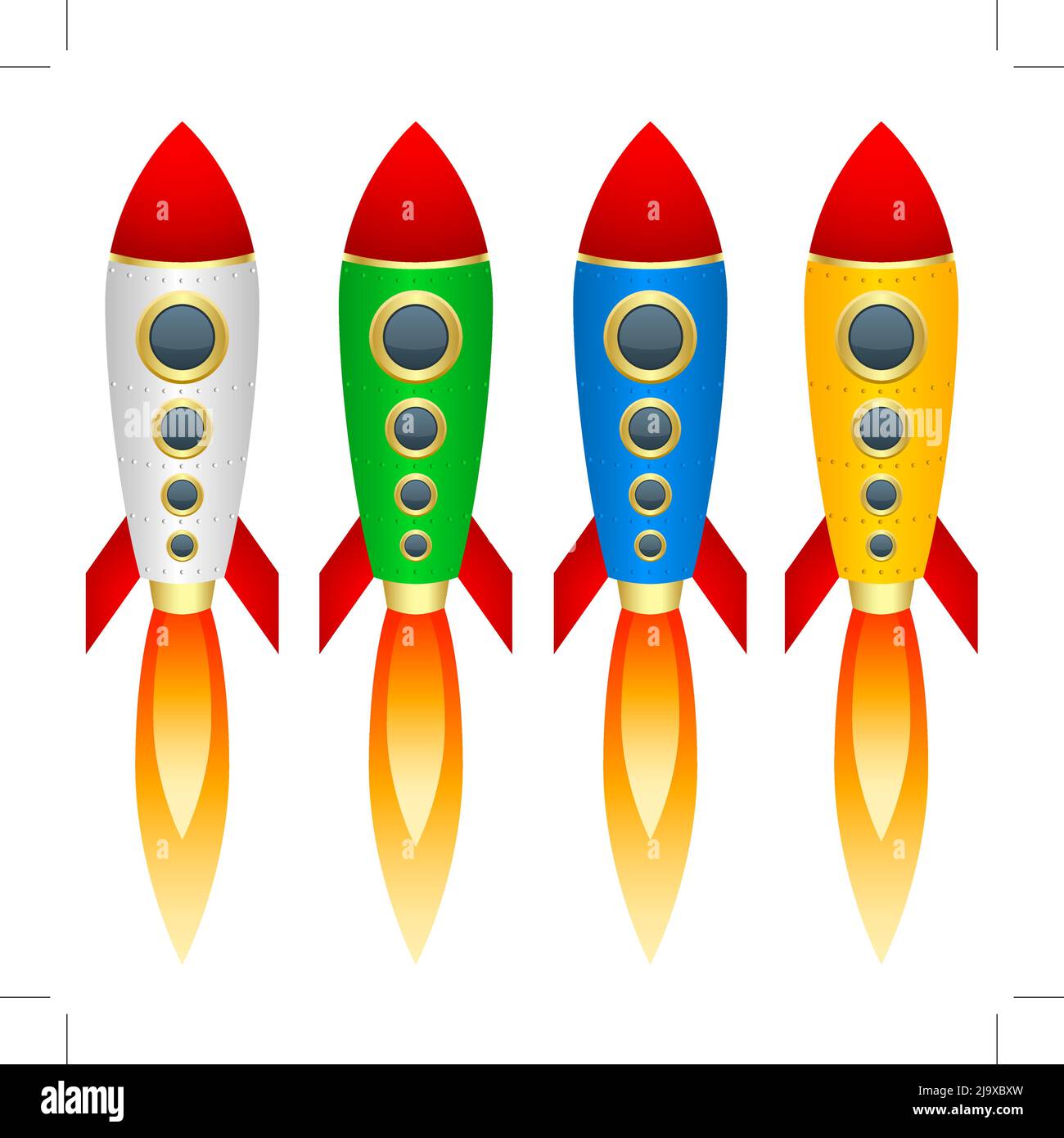 Set of multicolored rockets. Isolated objects. White background. Vector ...