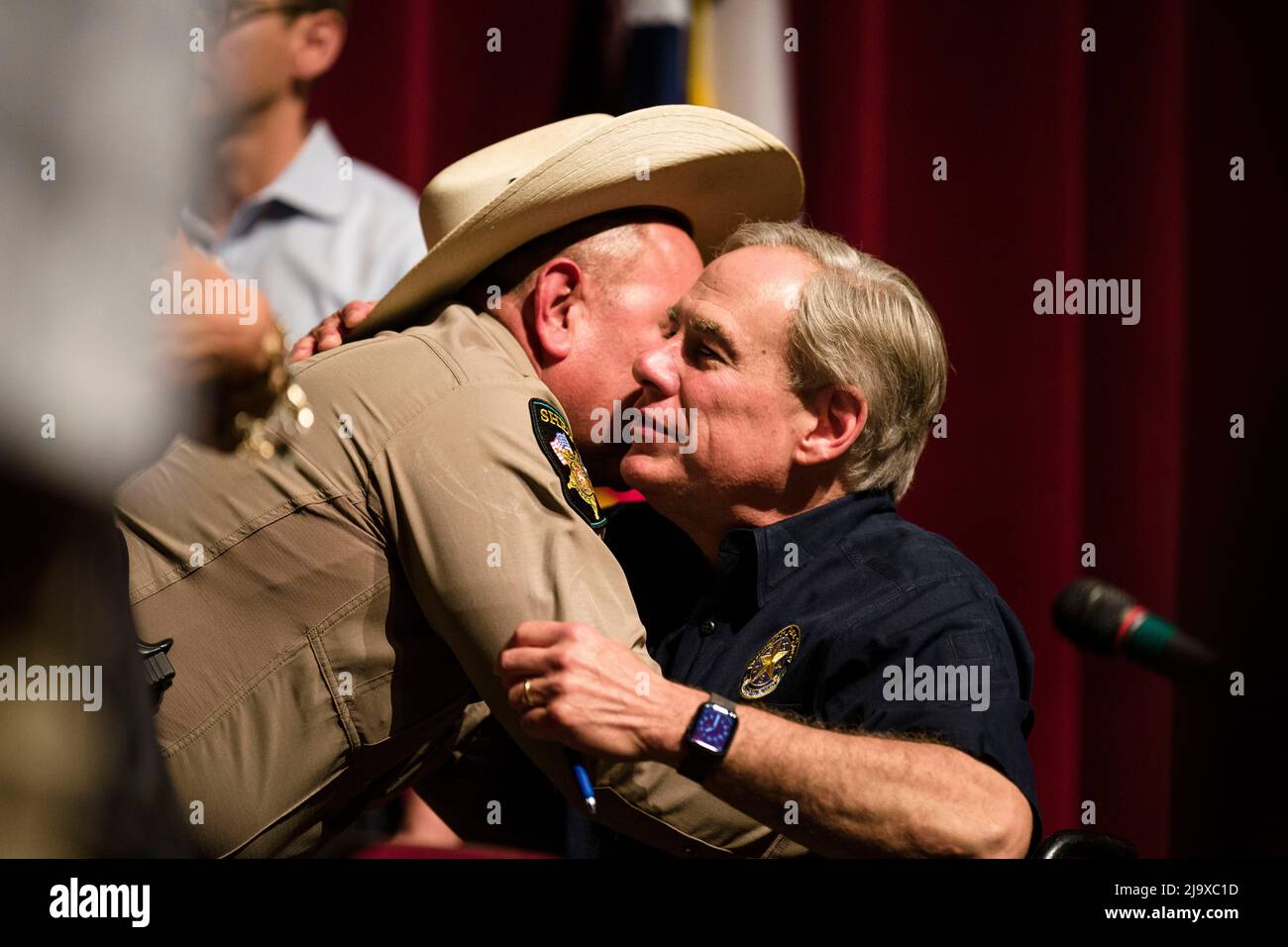 May 24, 2022: Uvalde County Sheriff Ruben Nolasco hugs Texas governor ...