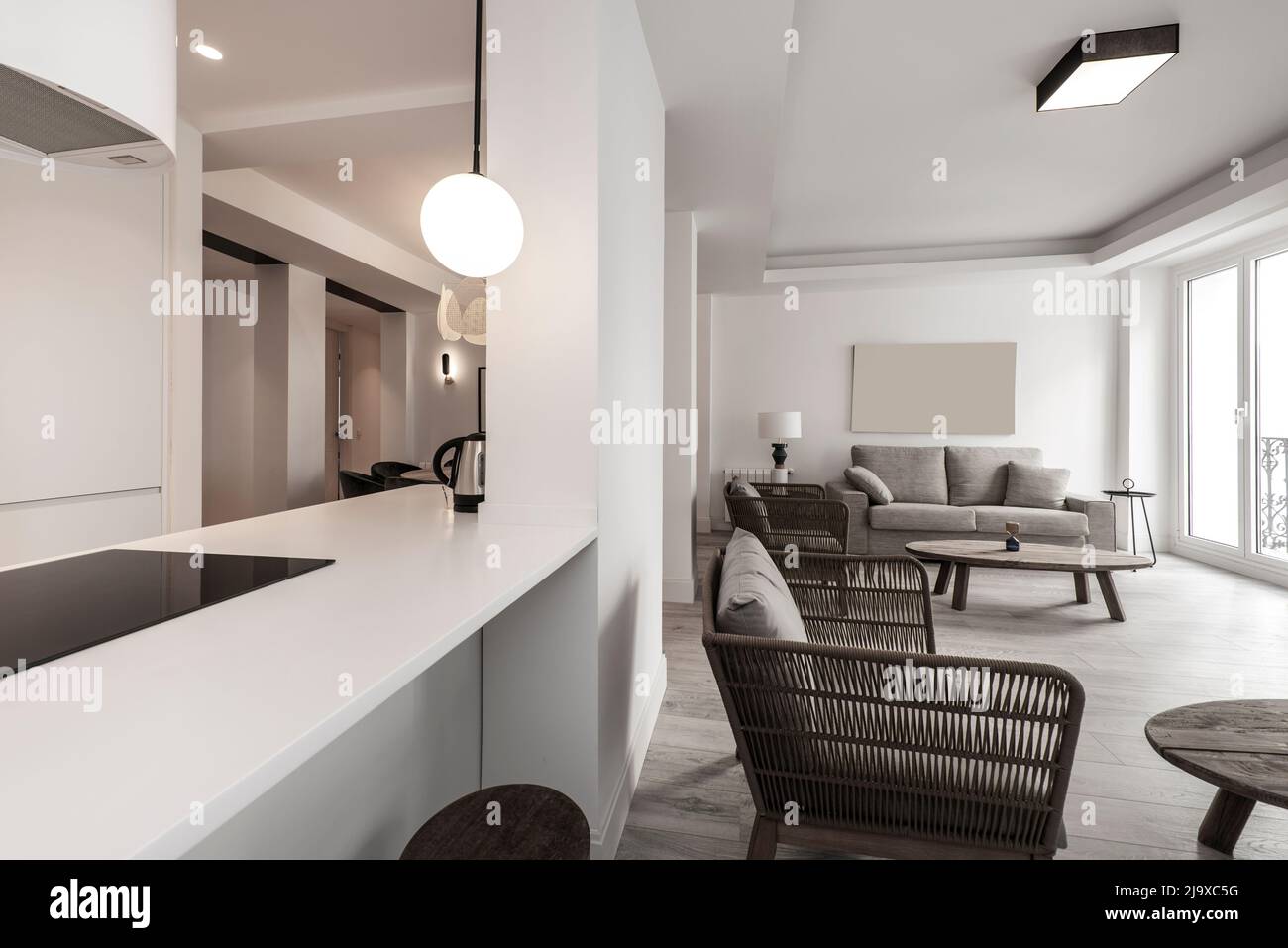 Studio apartment with a minimalist white kitchen with a serving hatch ...