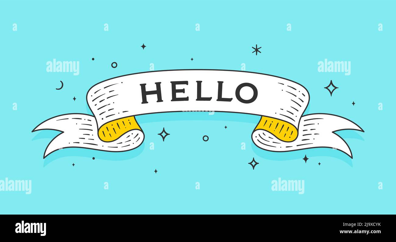 Hello. Old school vintage ribbon, retro greeting card with ribbon, text ...