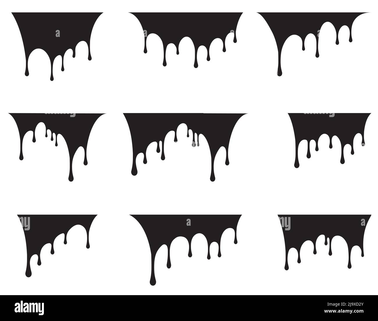 Set of nine black melt, drips or liquid paint drops. Vector ...