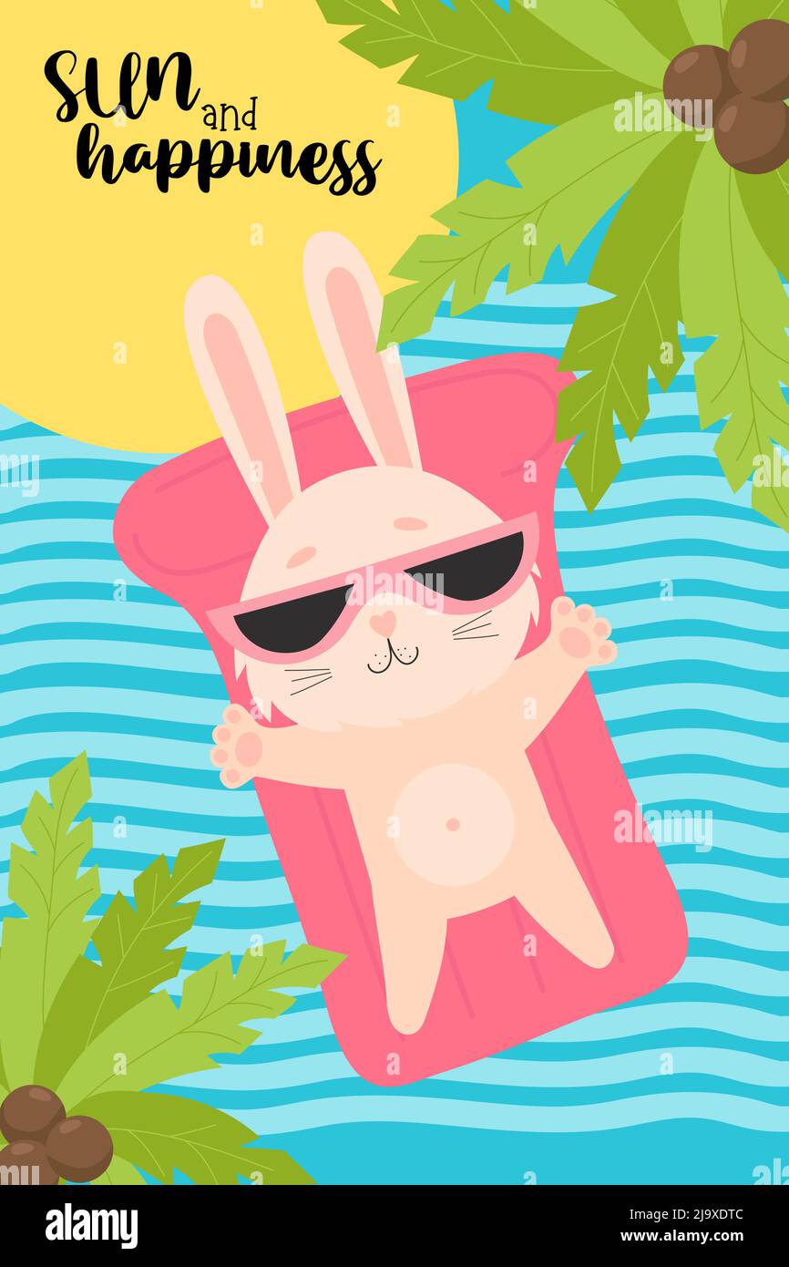 Summer tropical poster with Cute rabbit in sunglasses on waterproof ...