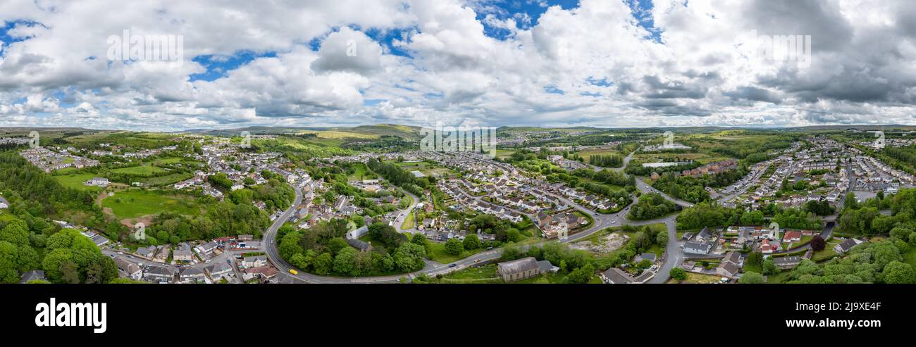 Aerial view of the Welsh valleys town of Ebbw Vale in early summer ...