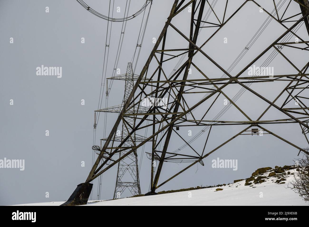 Electricity pylons on the moors above Stocksbridge near Sheffield ...