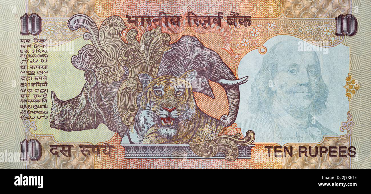 old 10 Indian rupee reverse with superimposed Benjamin Franklin from ...