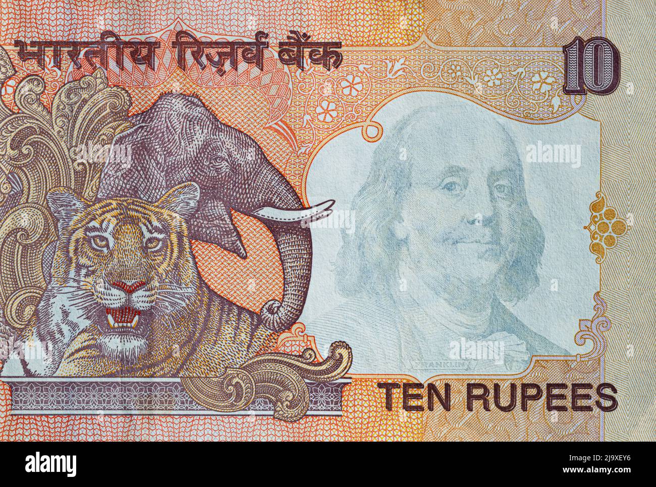 old 10 Indian rupee reverse with superimposed Benjamin Franklin from ...