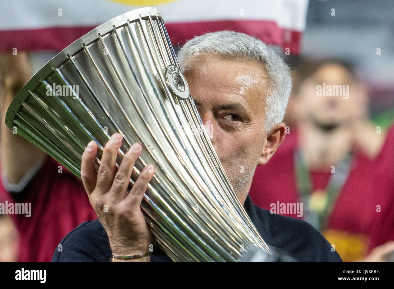 TIRANA, ALBANIA - MAY 25: manager Jose Mourinho of AS Roma celebrates ...
