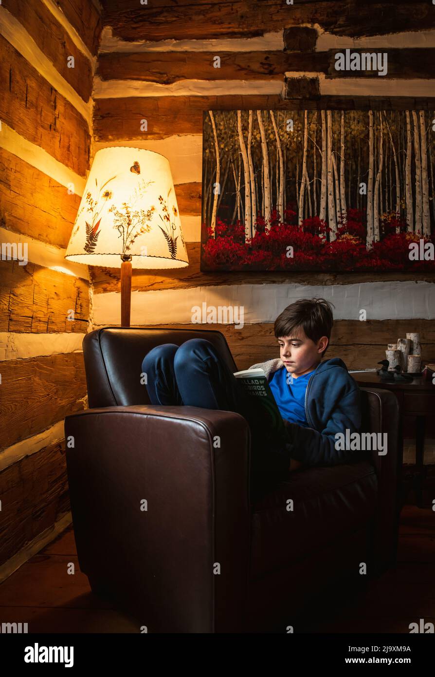 Boy reading a book alone in a chair in a cozy rustic log cabin Stock ...