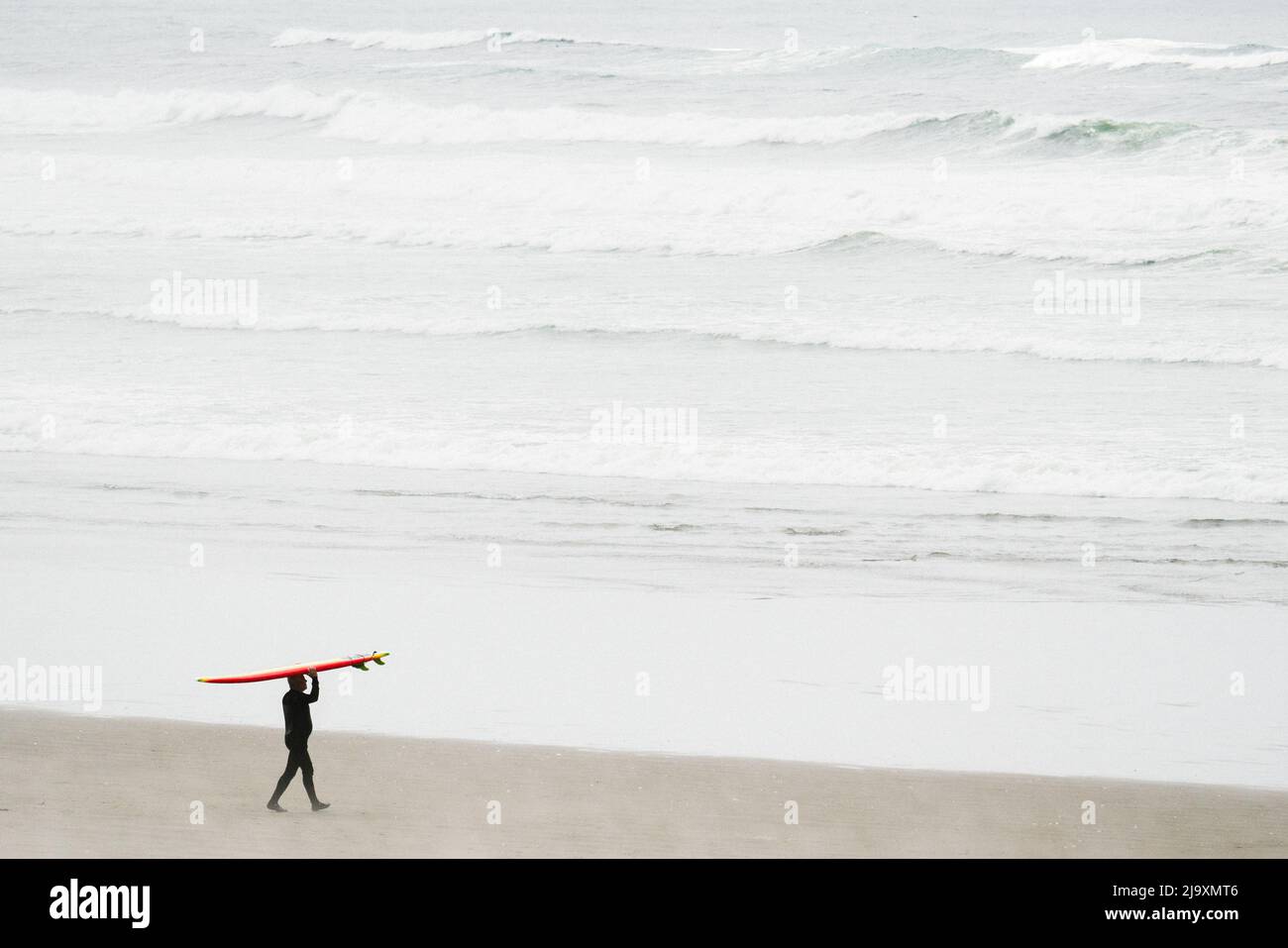Wide view of a surfer walking across the beach towards the ocean Stock ...
