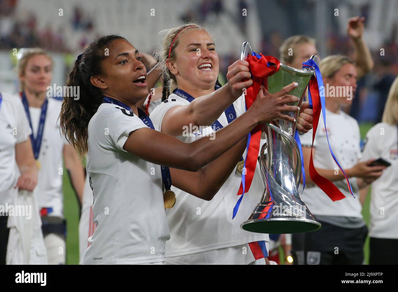Turin, Italy, 21st May 2022. Catarina Macario and Lindsey Horan of Lyon ...