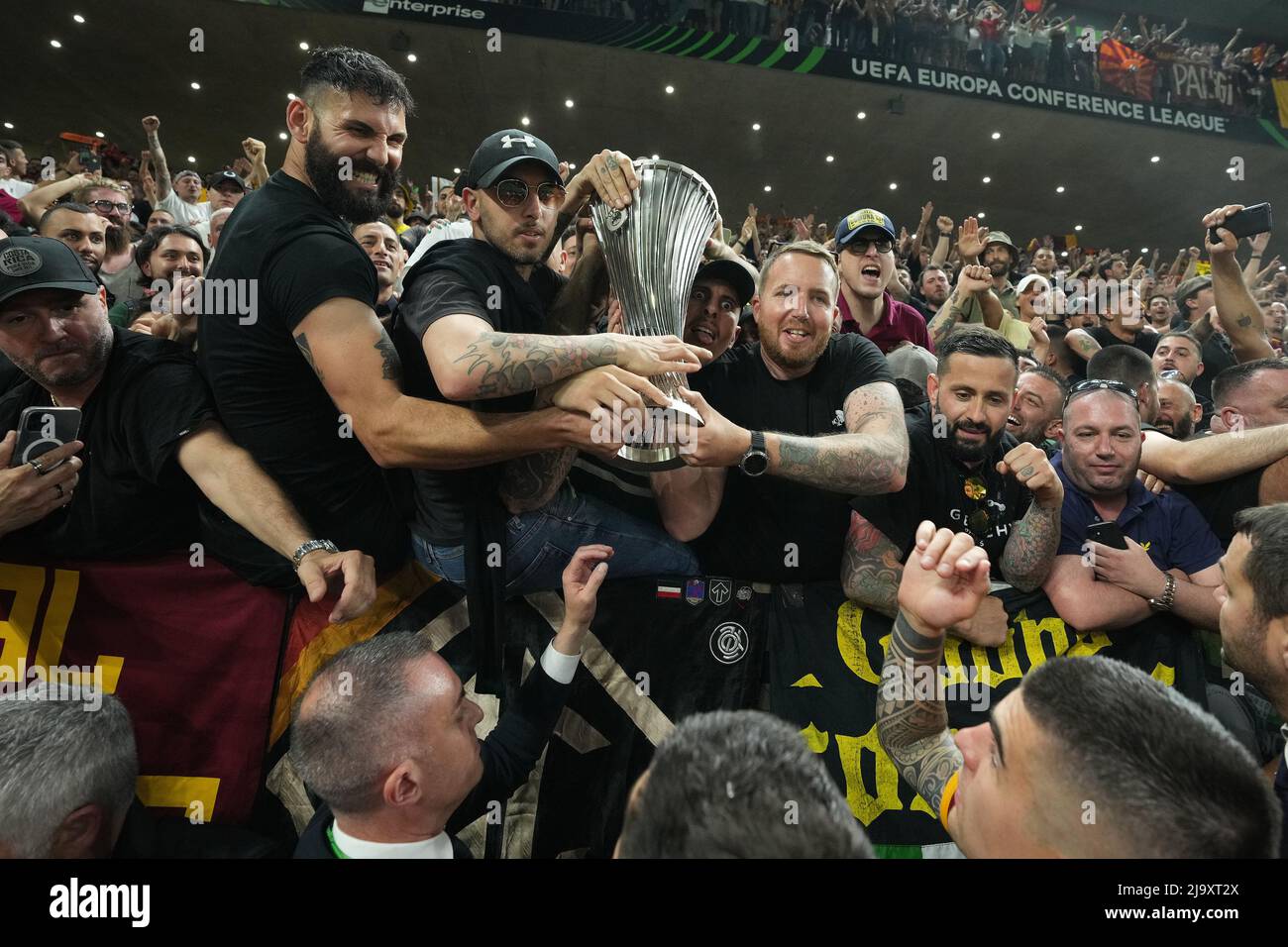 Tirana, Albania. 25th May, 2022. AS Roma fans celebrate after winning ...