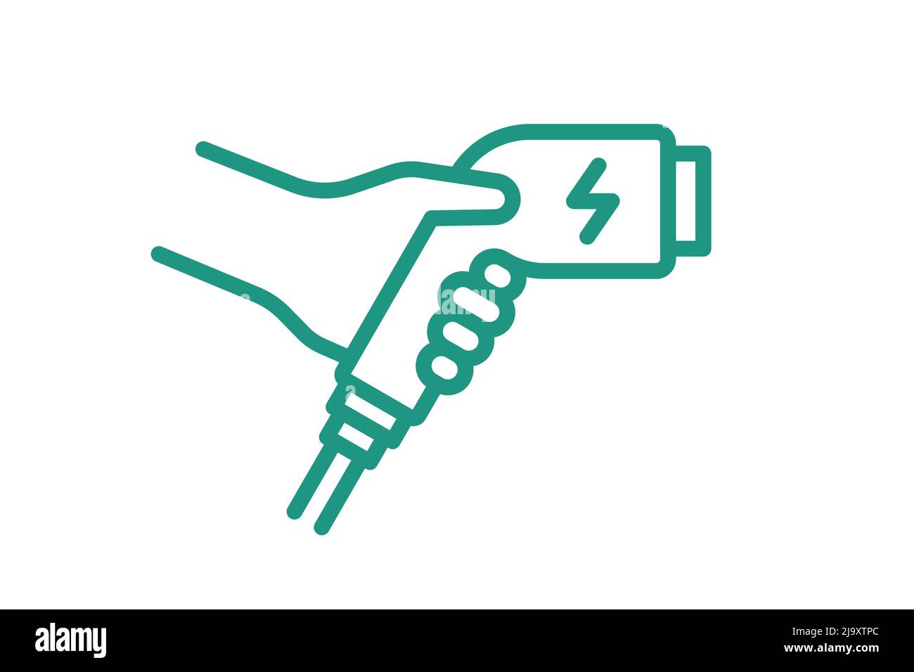 Hand holding electric charger connector linear icon. Electrical ...