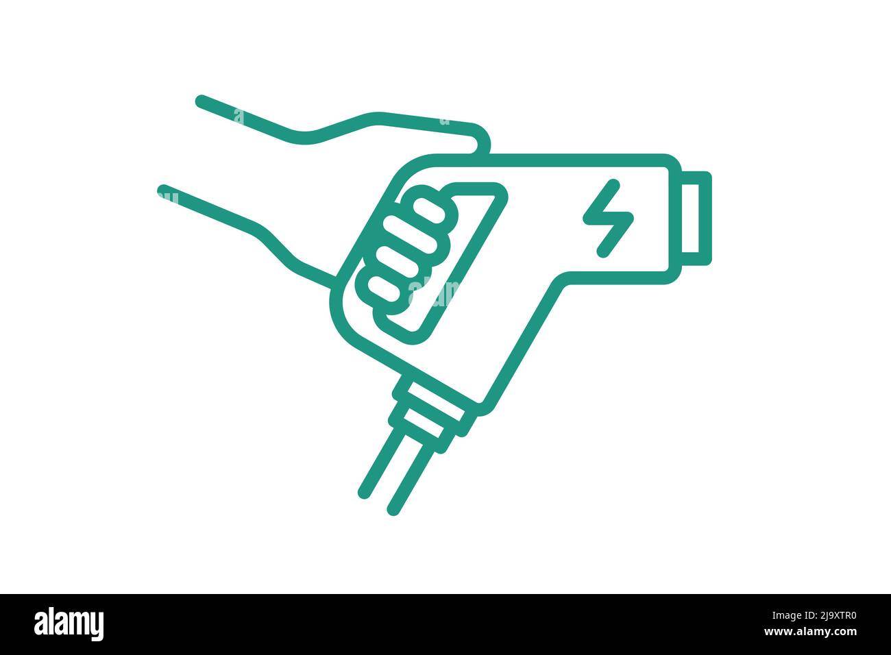 Hand holding electric charger connector linear icon. Electrical ...