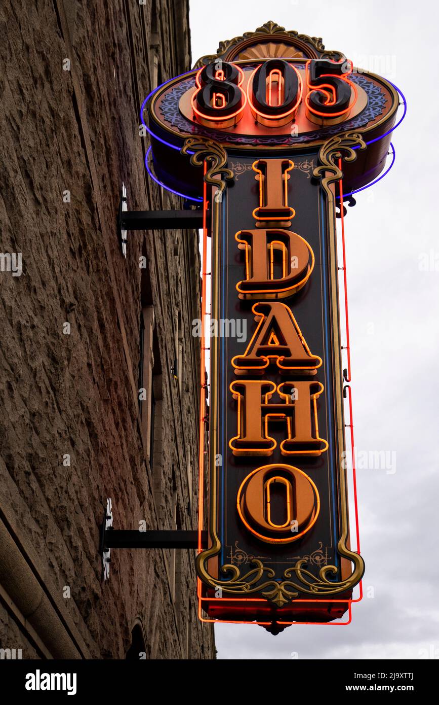 Neon Idaho sign in Downtown Boise, Idaho. Located on Idaho Street at ...