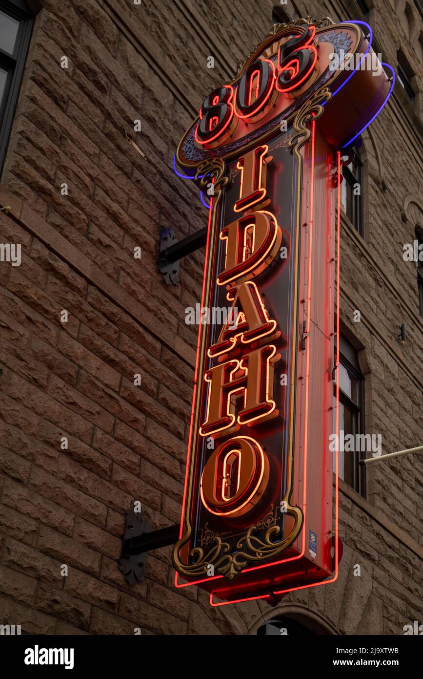 Neon Idaho sign in Downtown Boise, Idaho. Located on Idaho Street at ...