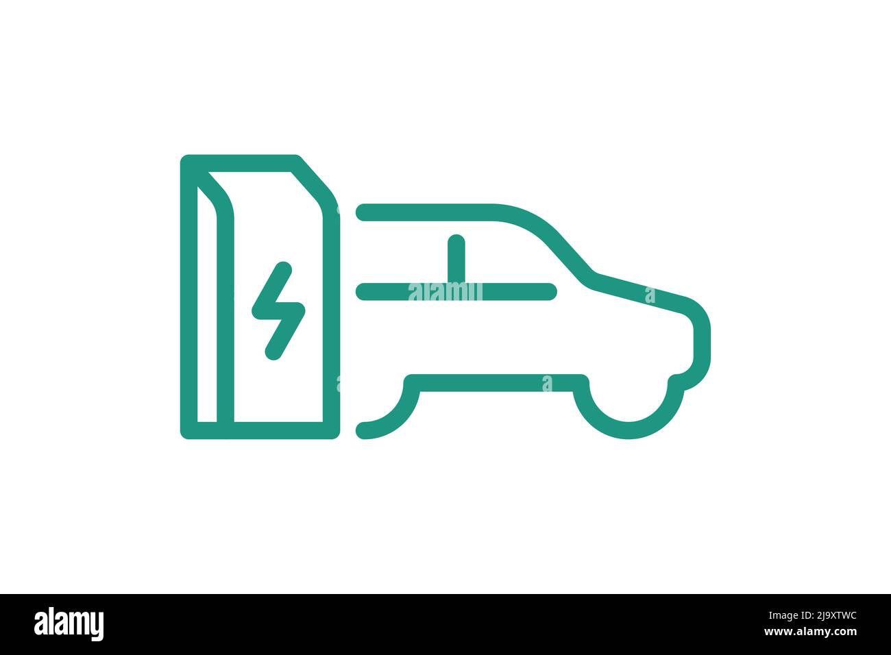 Electric car charging in charger station linear green icon. Electrical ...