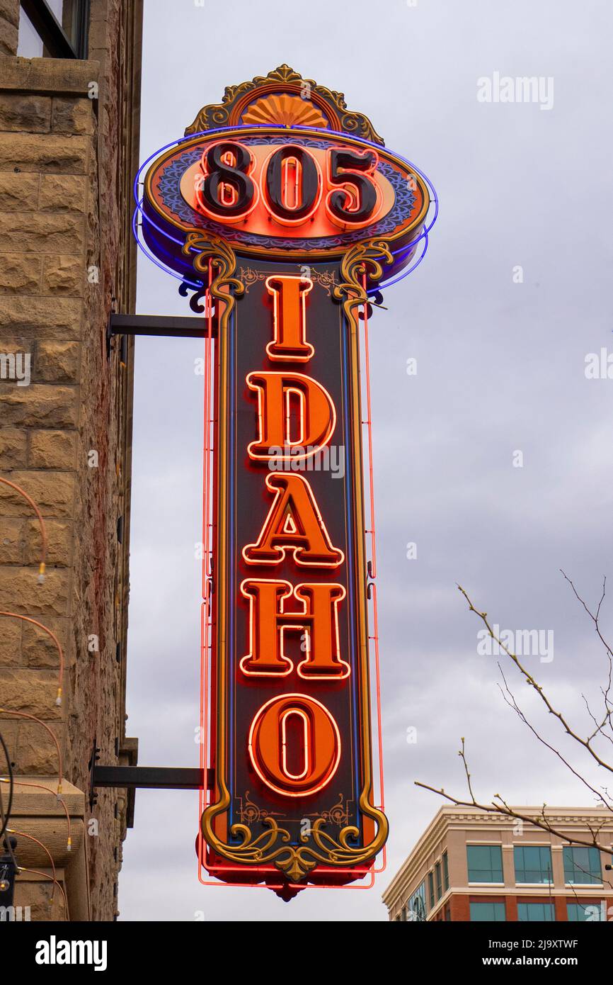 Neon Idaho sign in Downtown Boise, Idaho. Located on Idaho Street at ...