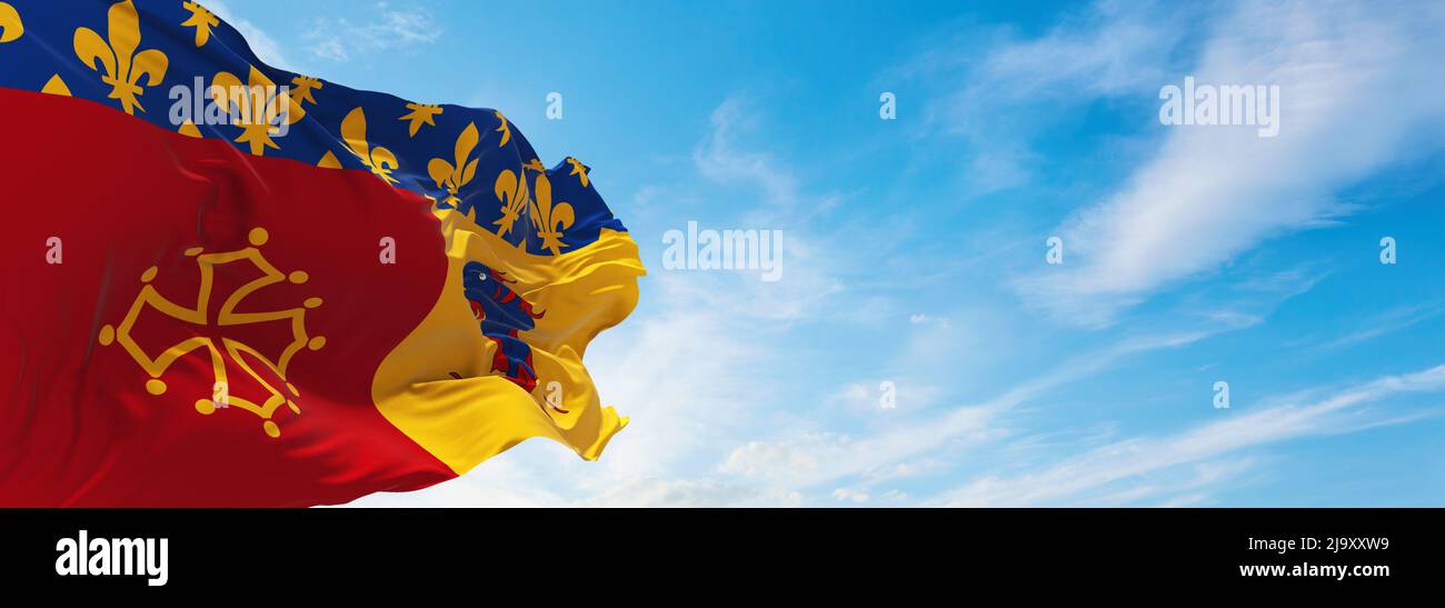 flag of Hautes Alpes, France at cloudy sky background on sunset ...