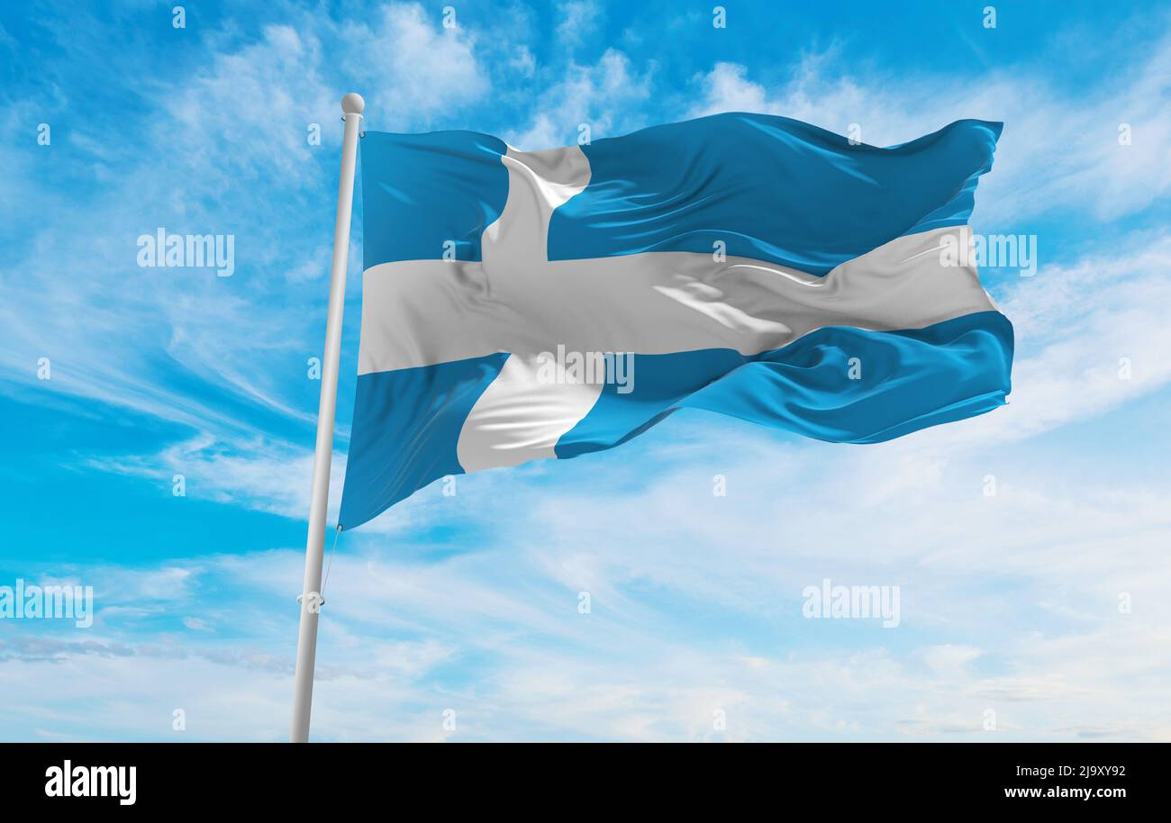 flag of Calais, France at cloudy sky background on sunset, panoramic ...