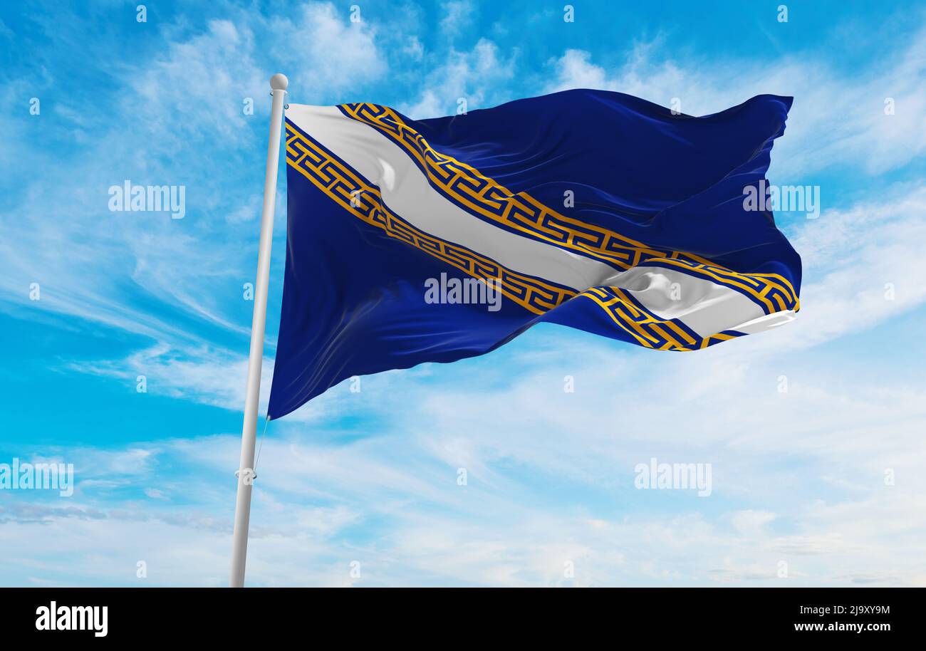 flag of Champagne Ardenne, France at cloudy sky background on sunset ...