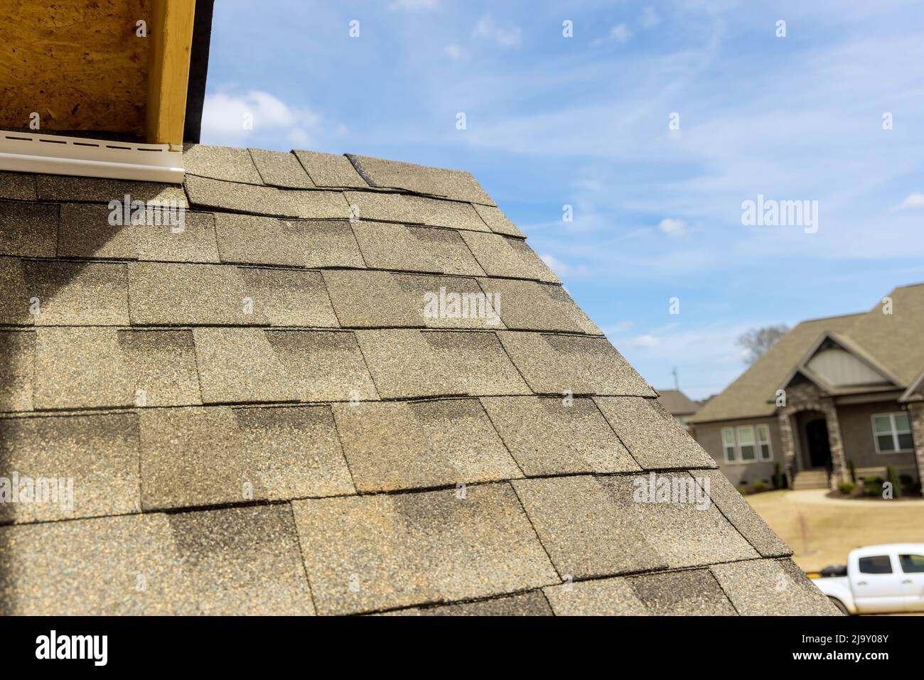 Aerial view the asphalt shingles roofing construction waterproofing for ...