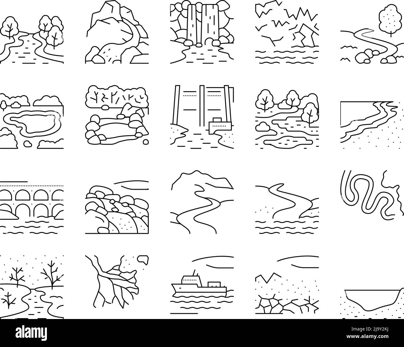 River And Lake Nature Landscape Icons Set Vector Stock Vector Image ...