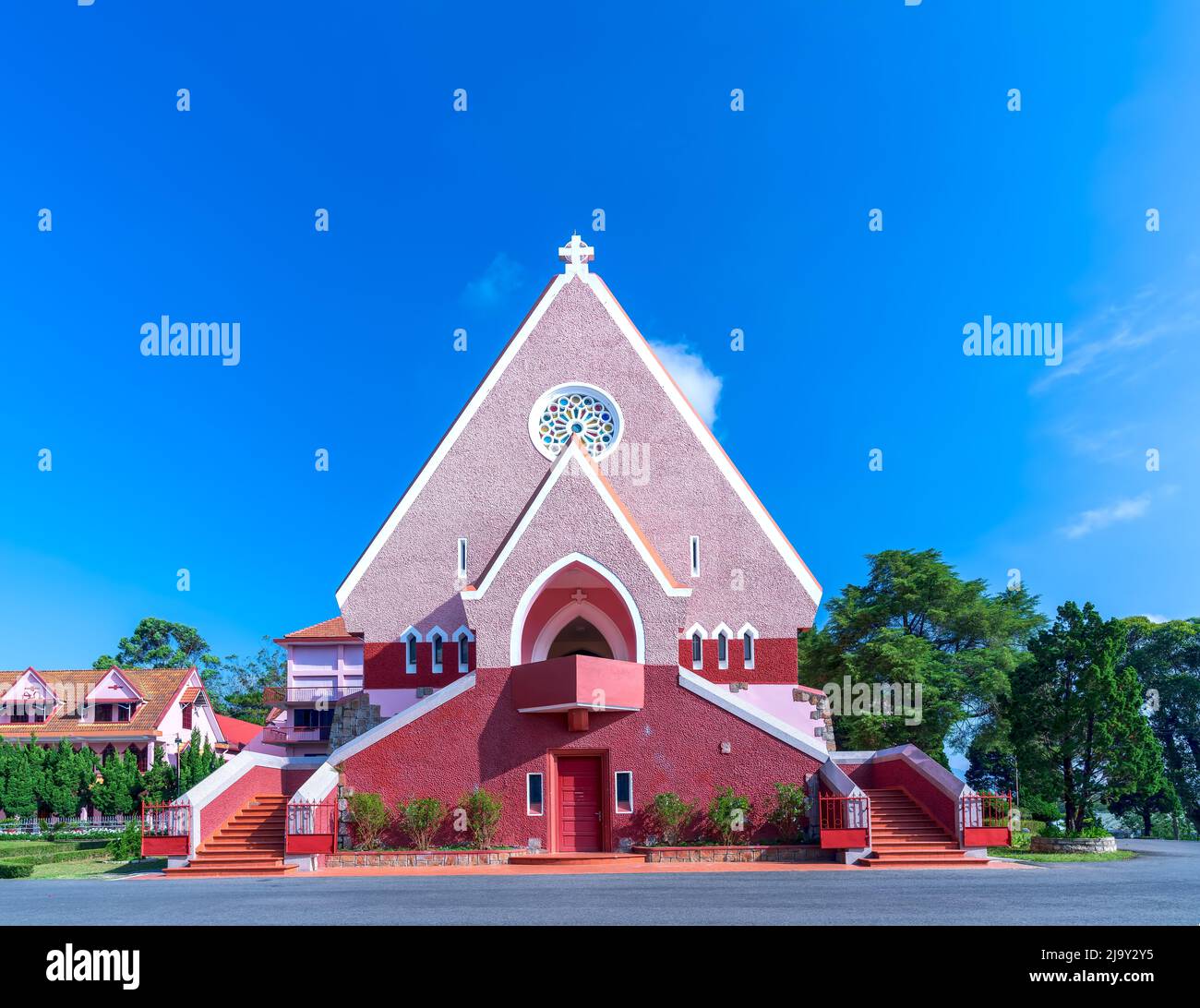 Aerial view outside Domaine De Marie Church on a morning. Old French ...