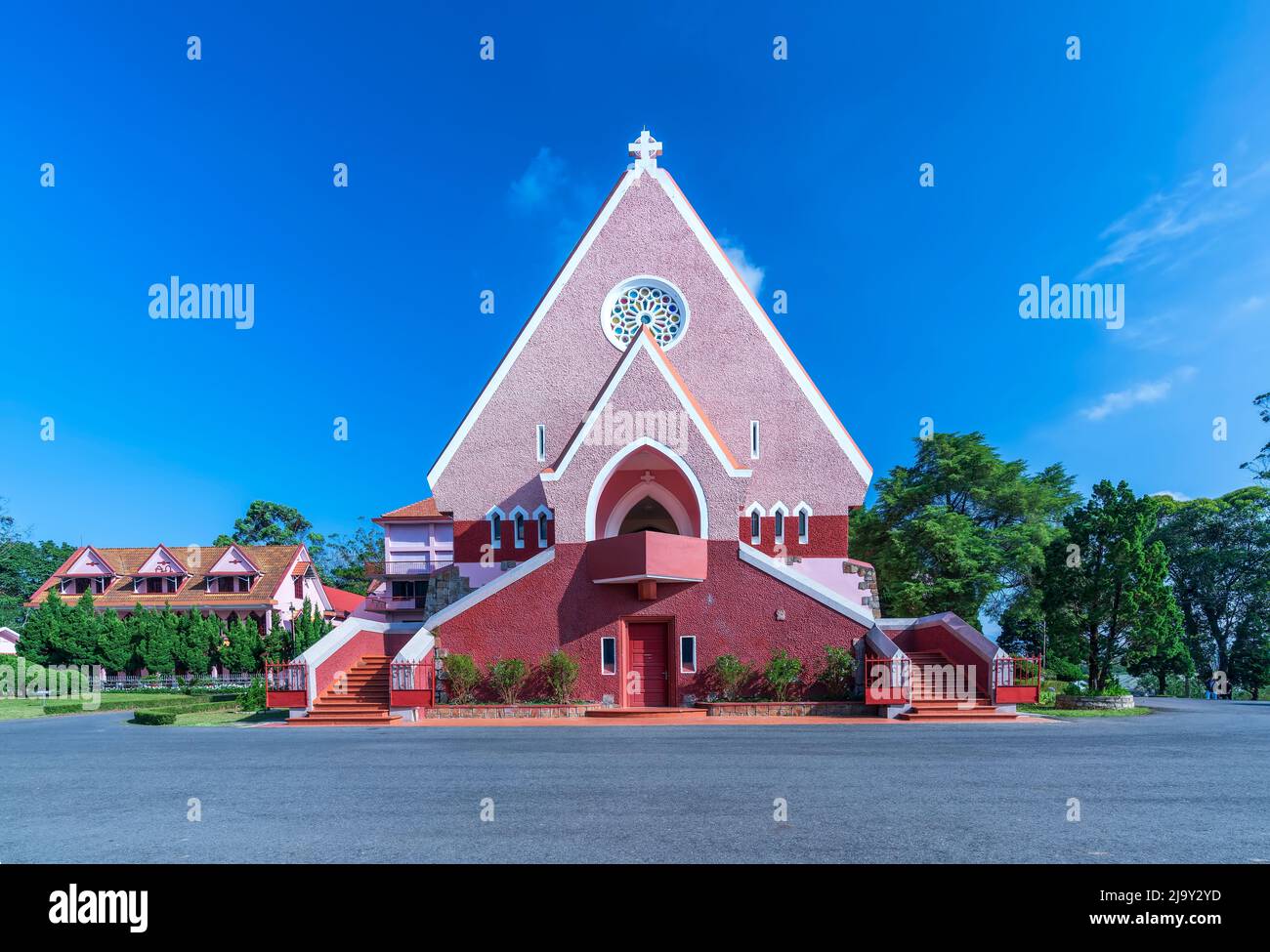 Aerial view outside Domaine De Marie Church on a morning. Old French ...