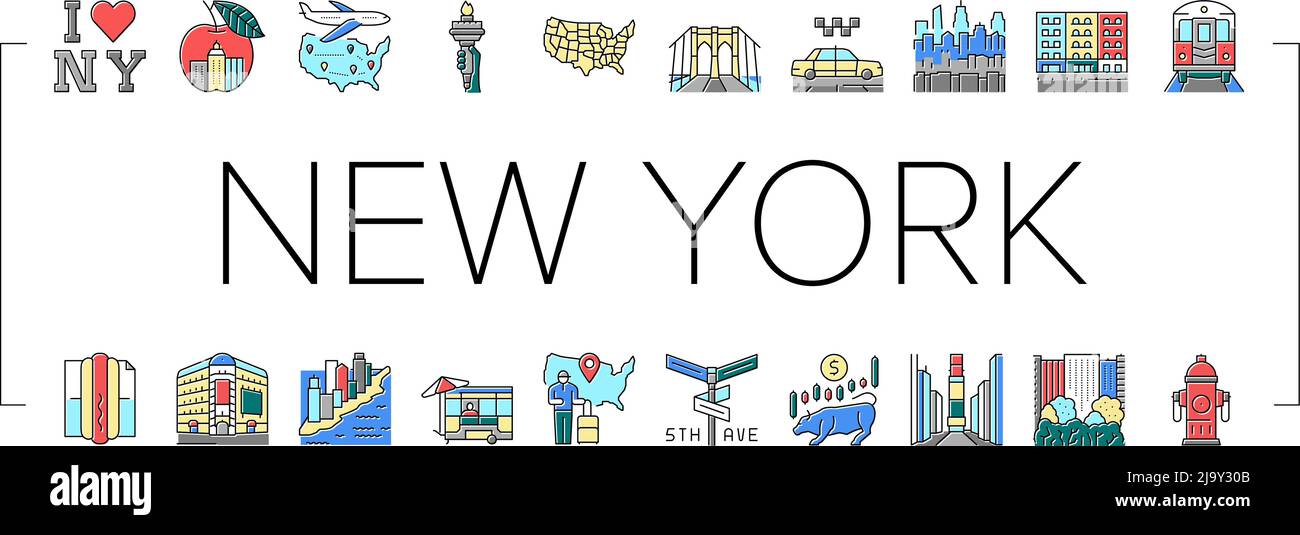 New York American City Landmarks Icons Set Vector Stock Vector Image ...