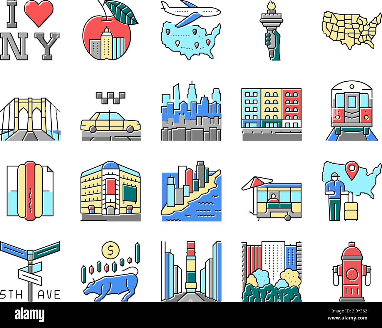 New York American City Landmarks Icons Set Vector Stock Vector Image ...