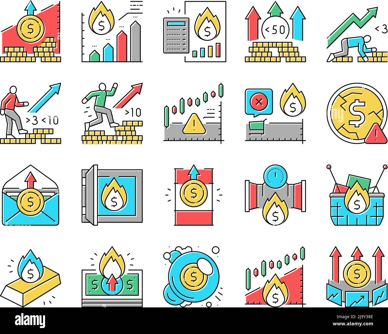Inflation Financial World Problem Icons Set Vector Stock Vector Image ...