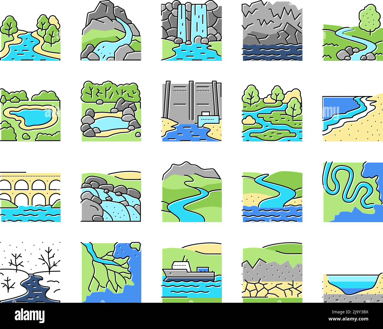 River And Lake Nature Landscape Icons Set Vector Stock Vector Image ...