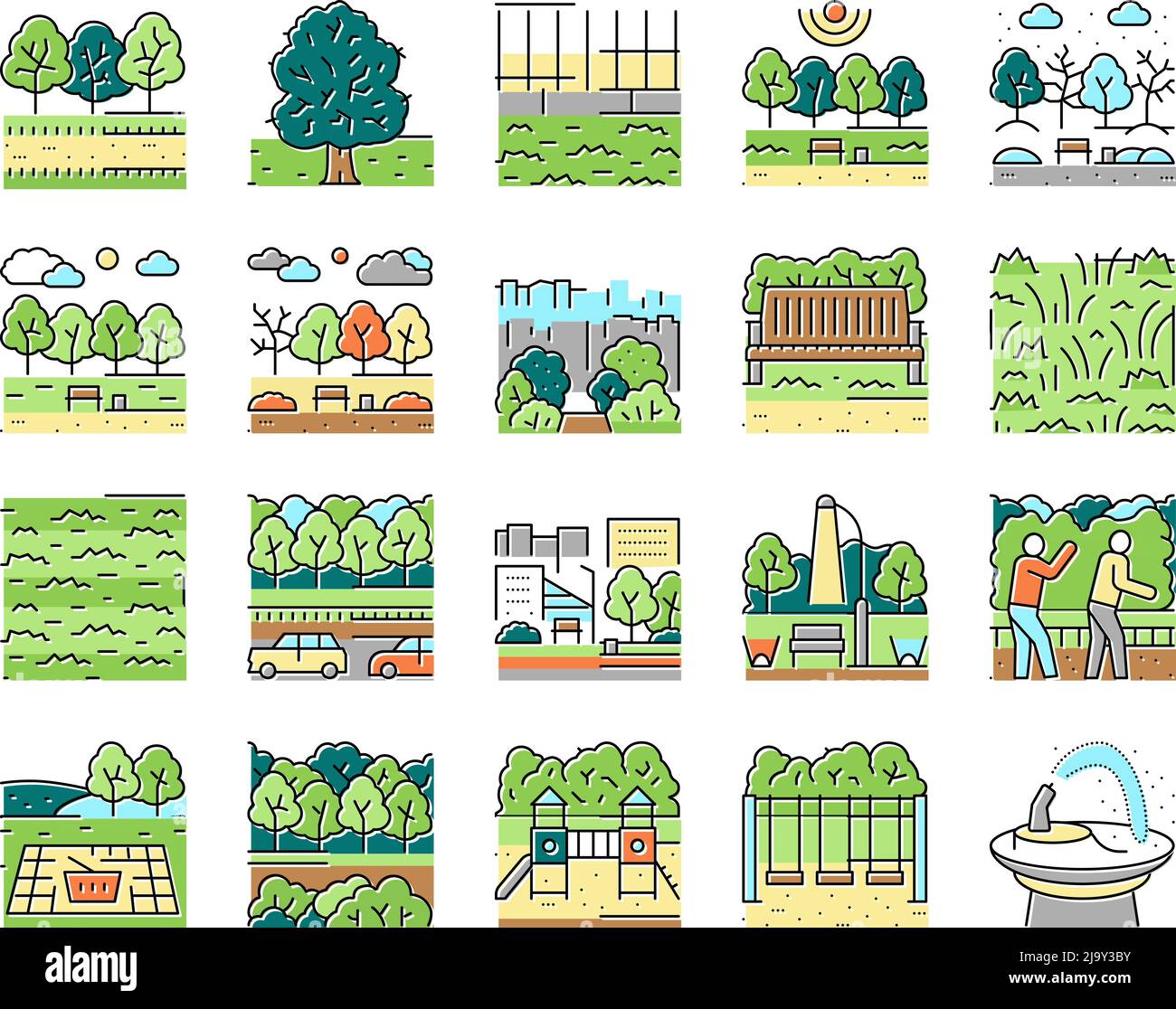 Park Meadow Nature And Playground Icons Set Vector Stock Vector Image ...