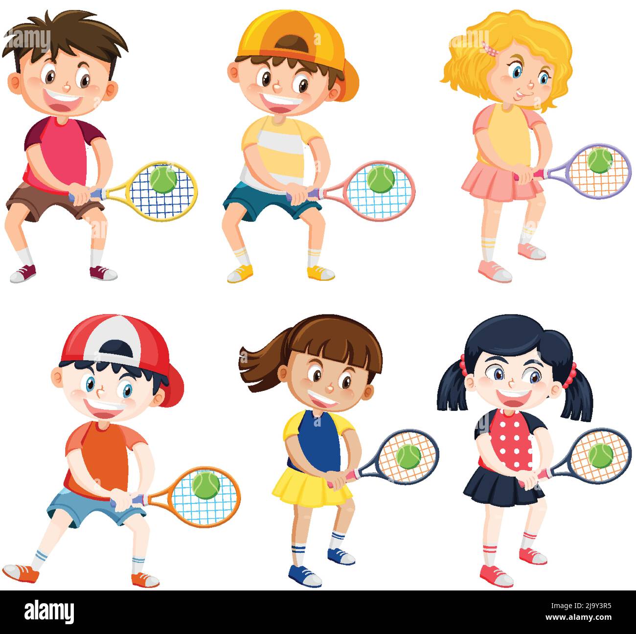 Cartoon Kids Playing Tennis Vector Clip Art Illustration