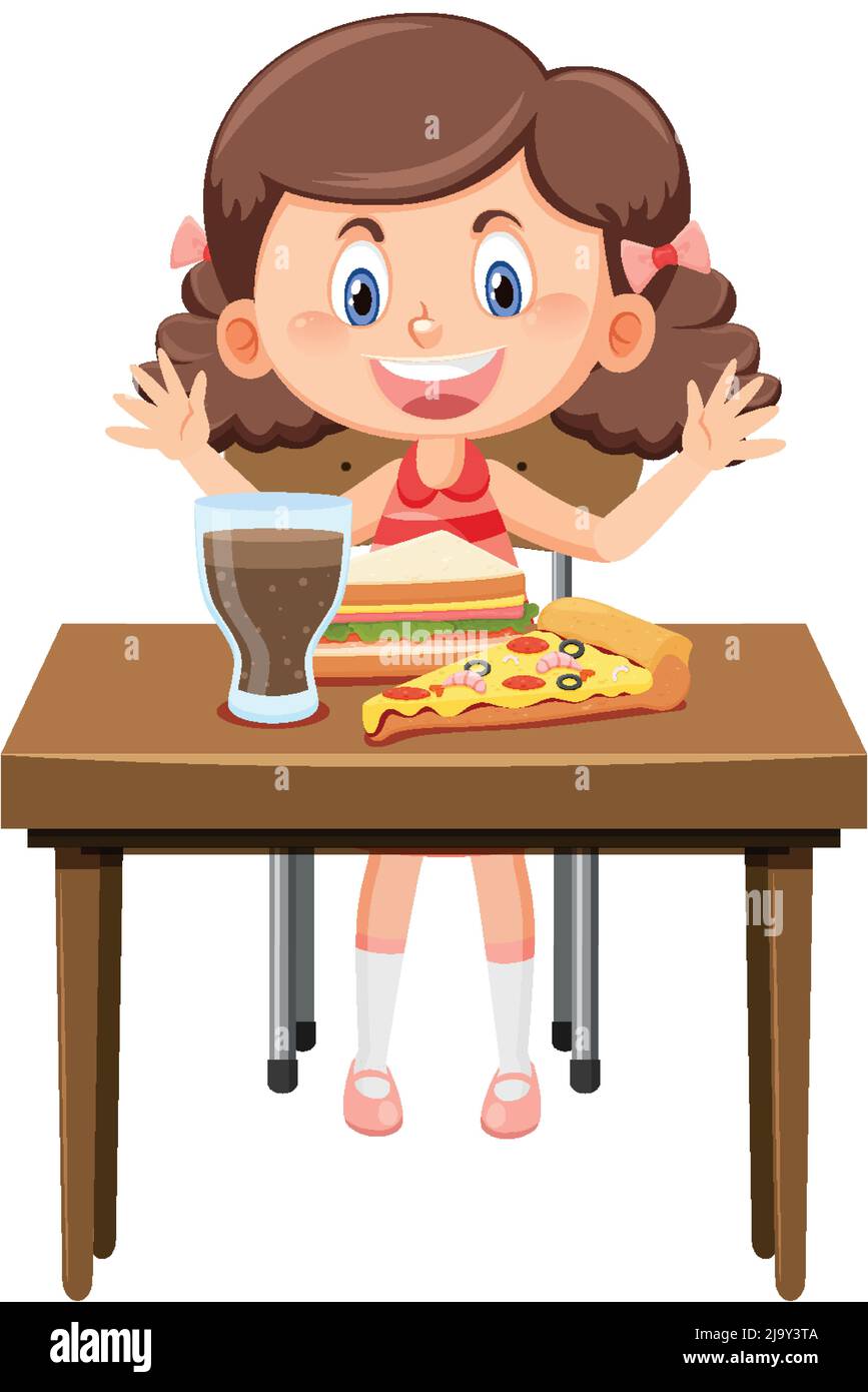 Happy girl enjoy eating food on table illustration Stock Vector Image ...