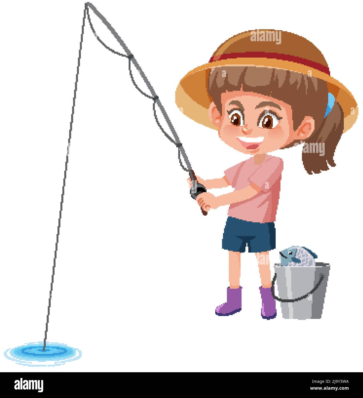 A girl holding fishing rod cartoon character illustration Stock Vector ...