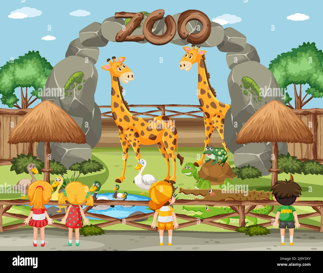 Happy children at the zoo illustration Stock Vector Image & Art - Alamy