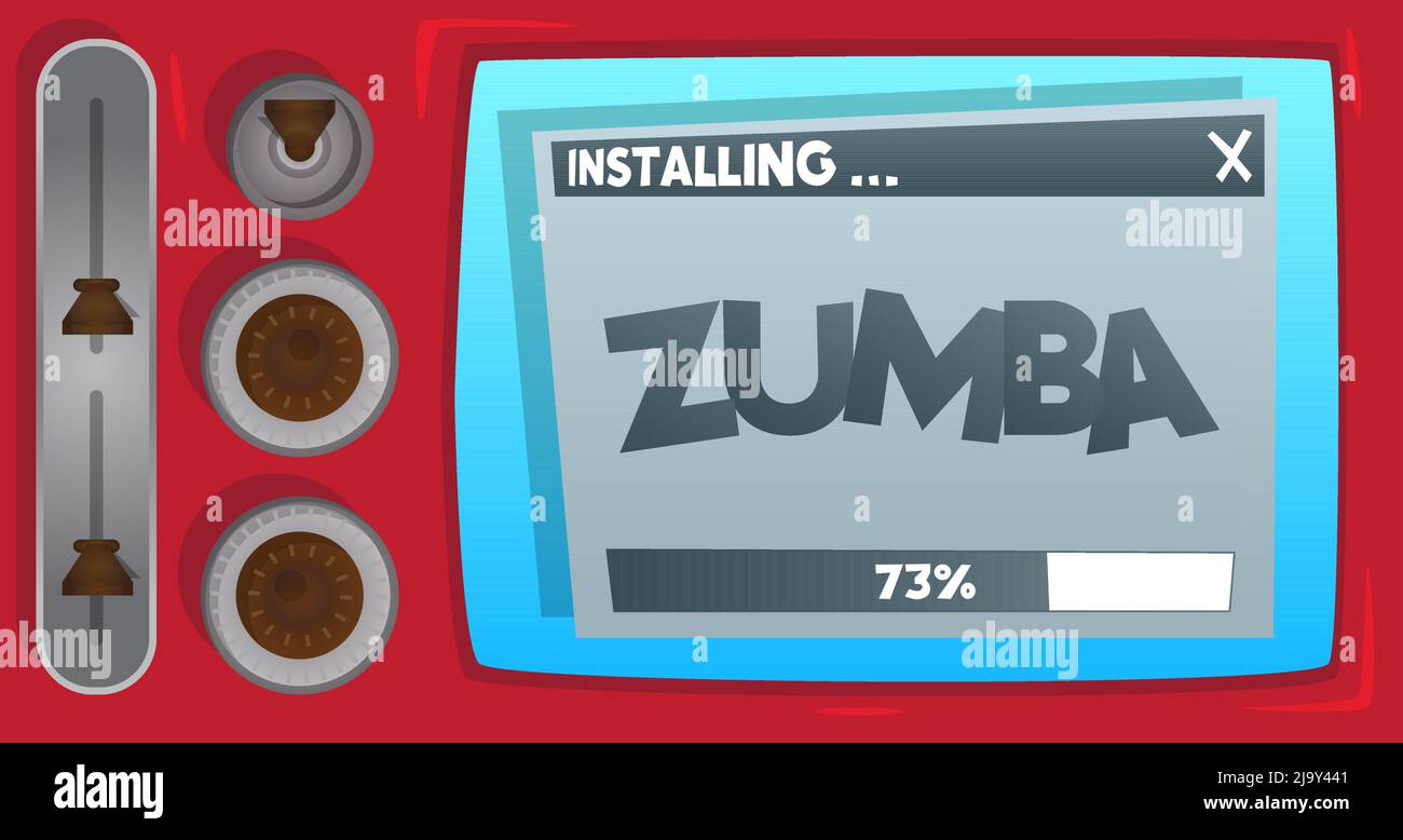 Cartoon Computer With the word Zumba. Message of a screen displaying an installation window ...